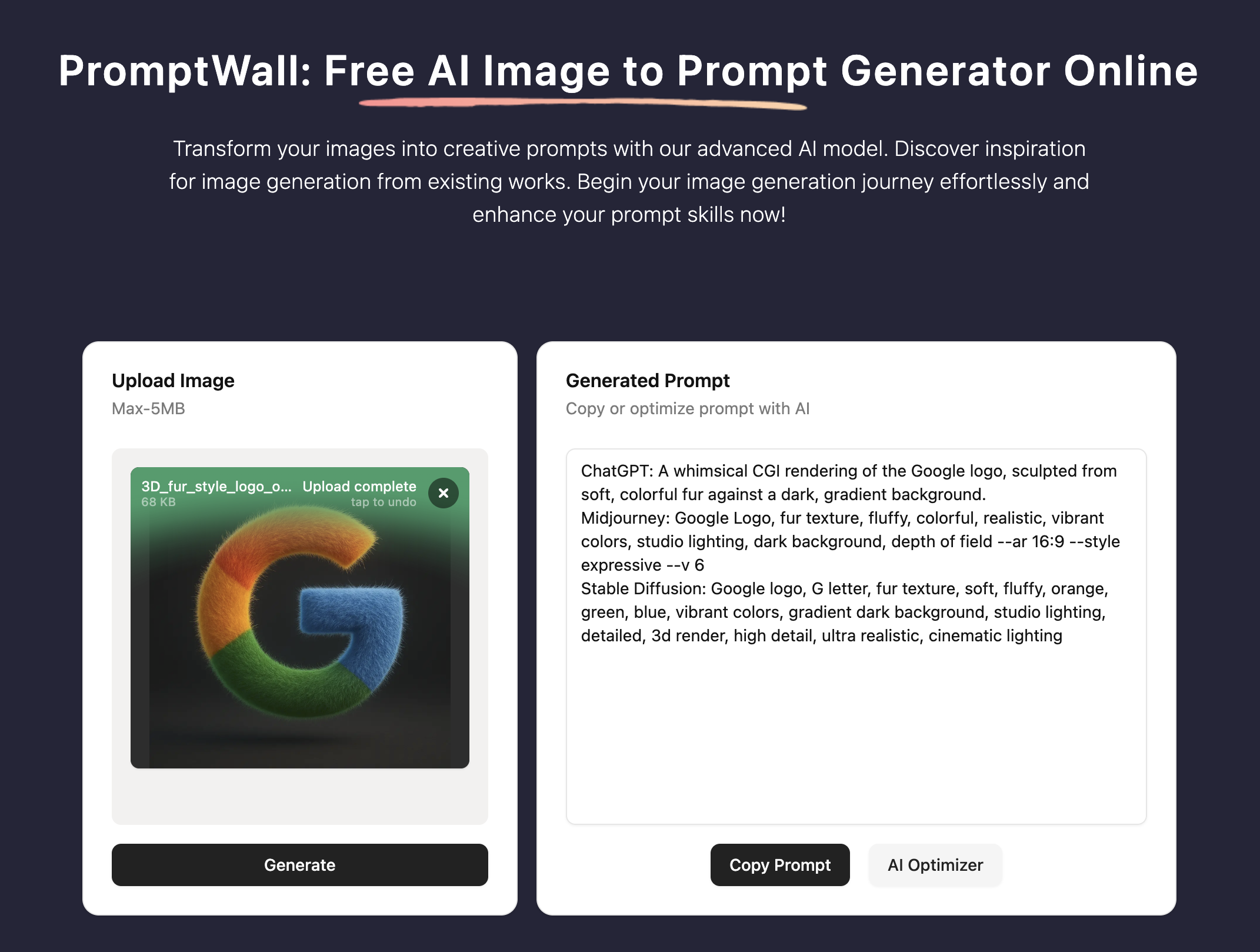 PromptWall: Image to prompt generator - Tools AI Online | Tools AI Online