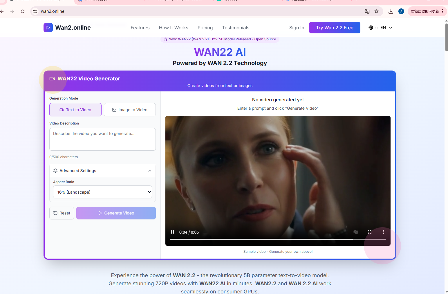 WAN22 AI Powered by WAN 2.2 Technology - Tools AI Online | Tools AI Online